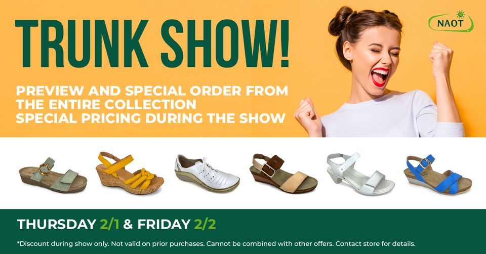 Naot Trunk Show, The Shoe Spa, North Palm Beach, 1 February to 2 ...