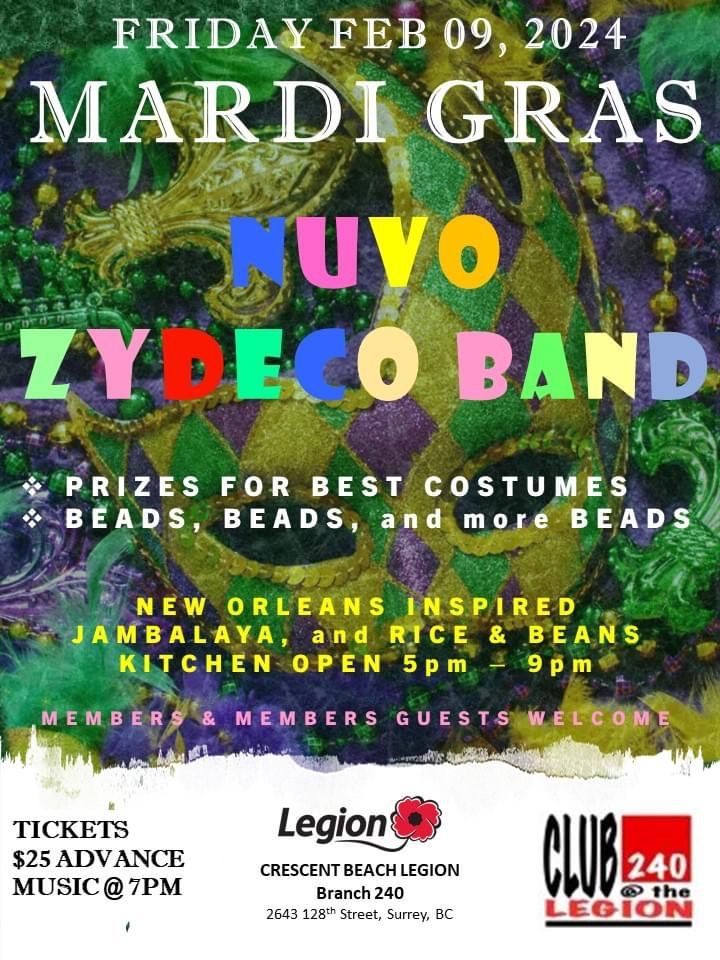Mardi Gras 2024 with NUVO ZYDECO at Club 240, The Royal Canadian Legion ...