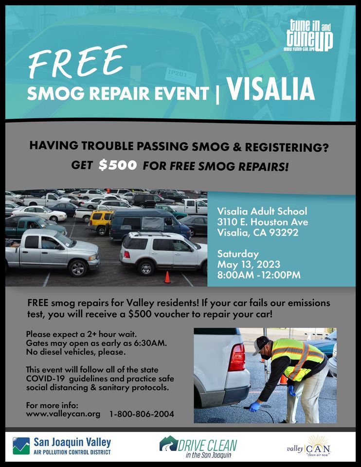 Visalia- Free Smog Repair Event, Visalia Adult School, 13 May