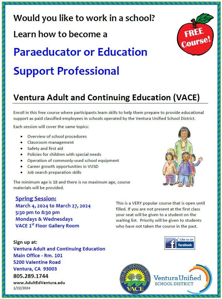 Free Paraeducator classes start Monday, March 4, 2024, 5200 Valentine ...