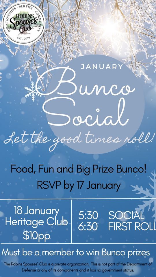 January Social- BUNCO! , Heritage Club, Warner Robins, January 18 2024 | AllEvents.in
