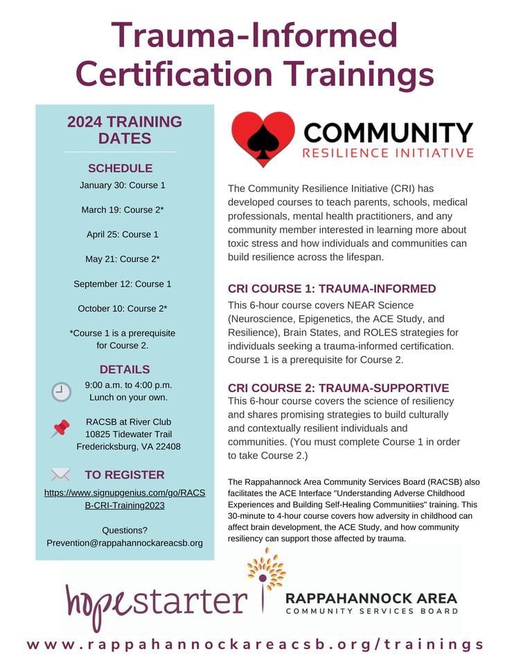 CRI Course 1 - Trauma Informed, 10825 Tidewater Trl, Fredericksburg, VA ...