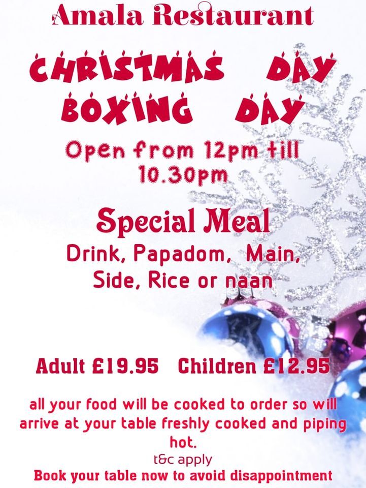 Boxing Day Special Meal Deal £19.95pp, Amala Indian Restaurant ...