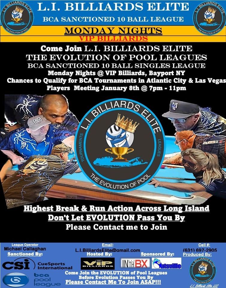 League Sign Ups , VIP Billiards, Bayport, January 8 2024 | AllEvents.in