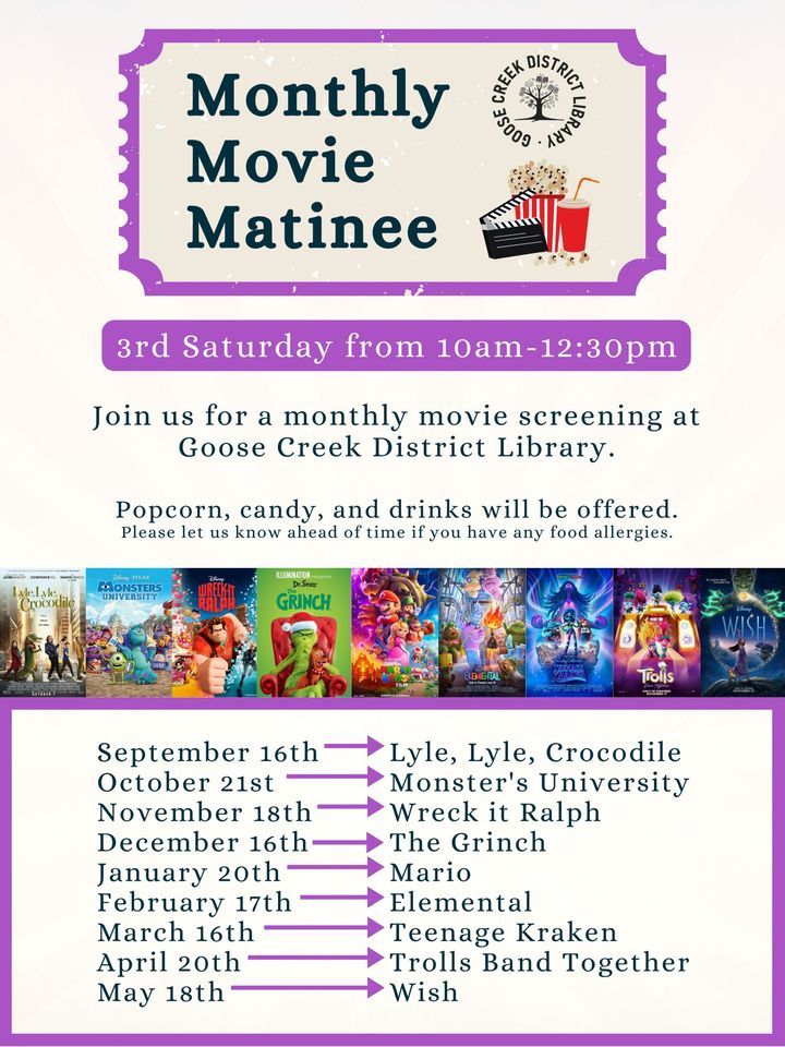 Monthly Movie Matinee, Goose Creek District Library, De Land, January ...