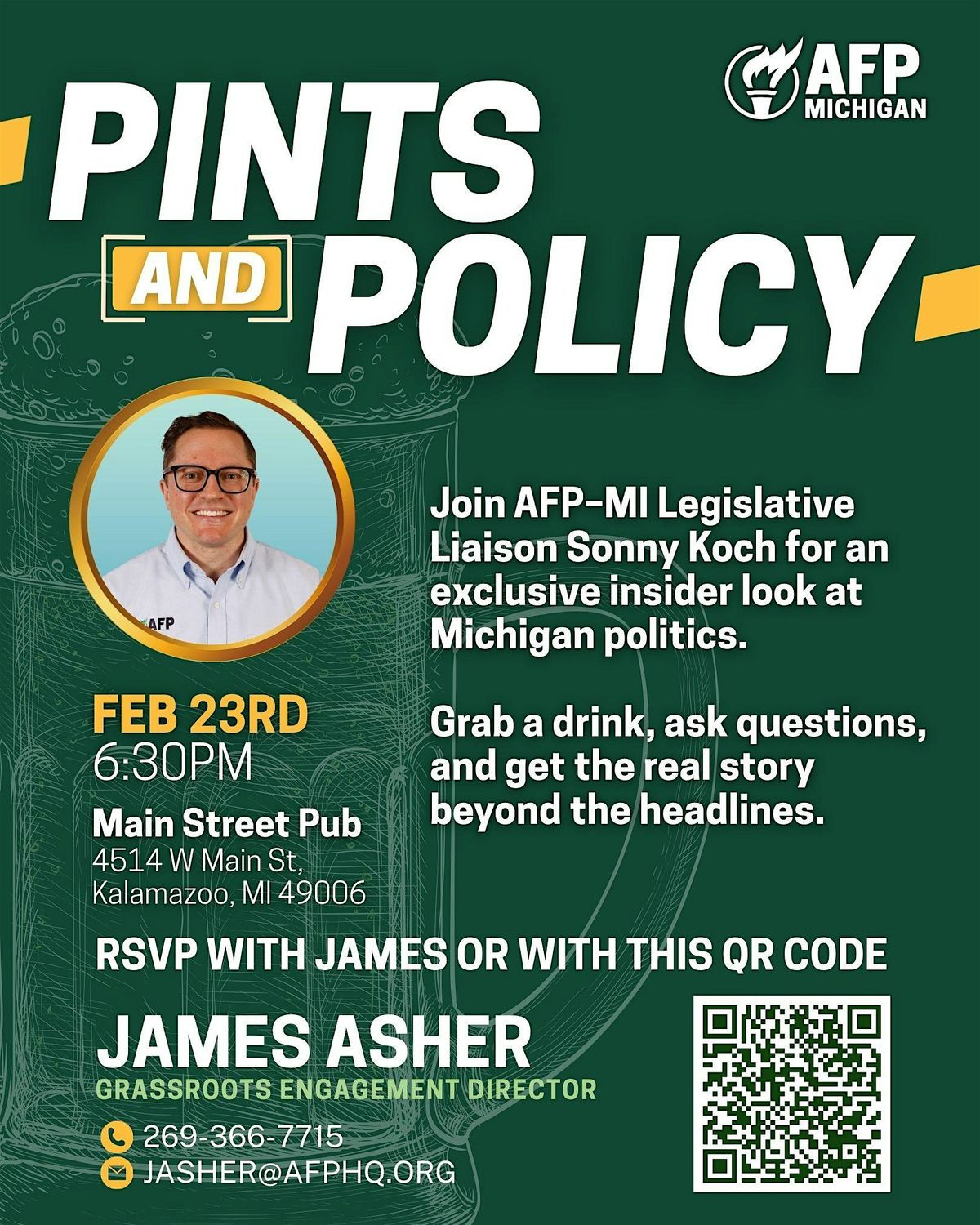 Pints & Policy w/ Sonny Koch, Main St. Pub, Kalamazoo, 23 February 2026 ...