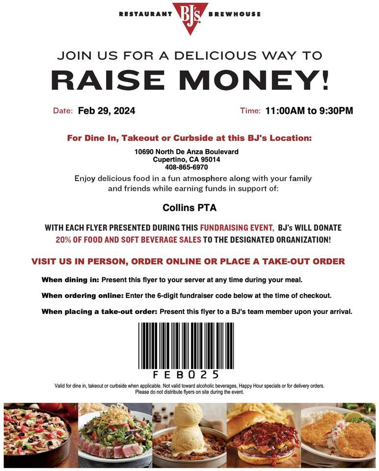 Collins PTA BJs Fundraiser, BJ's Cupertino, 29 February 2024 | AllEvents