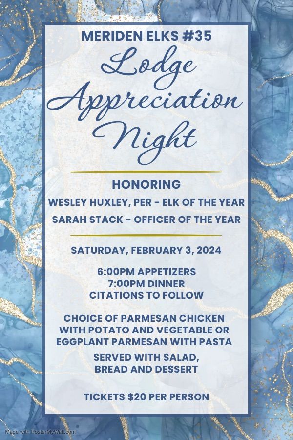 Lodge Appreciation Night, Meriden Elks Lodge #35, February 3 2024 ...