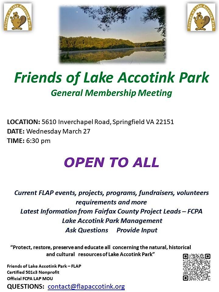 Friends of Lake Accotink Park 2nd Qtr General Membership Meeting, 7500 ...