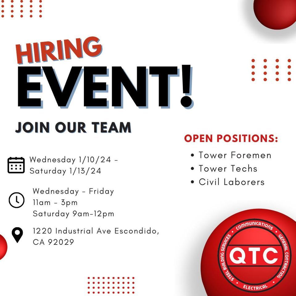QTC INC- SoCal Hiring Event, 1220 Industrial Ave. Escondido, CA 92029 ...