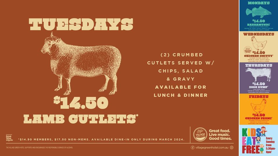 Tuesday Members Special - Lamb Cutlets!, Village Green Hotel, Grafton ...