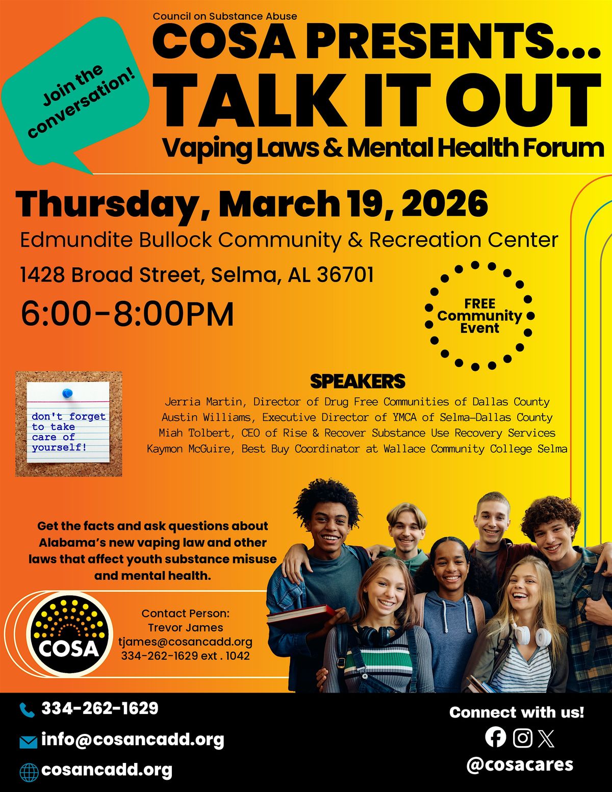 Talk It Out: Vaping Laws & Mental Health Forum, 1428 Broad St, Selma ...