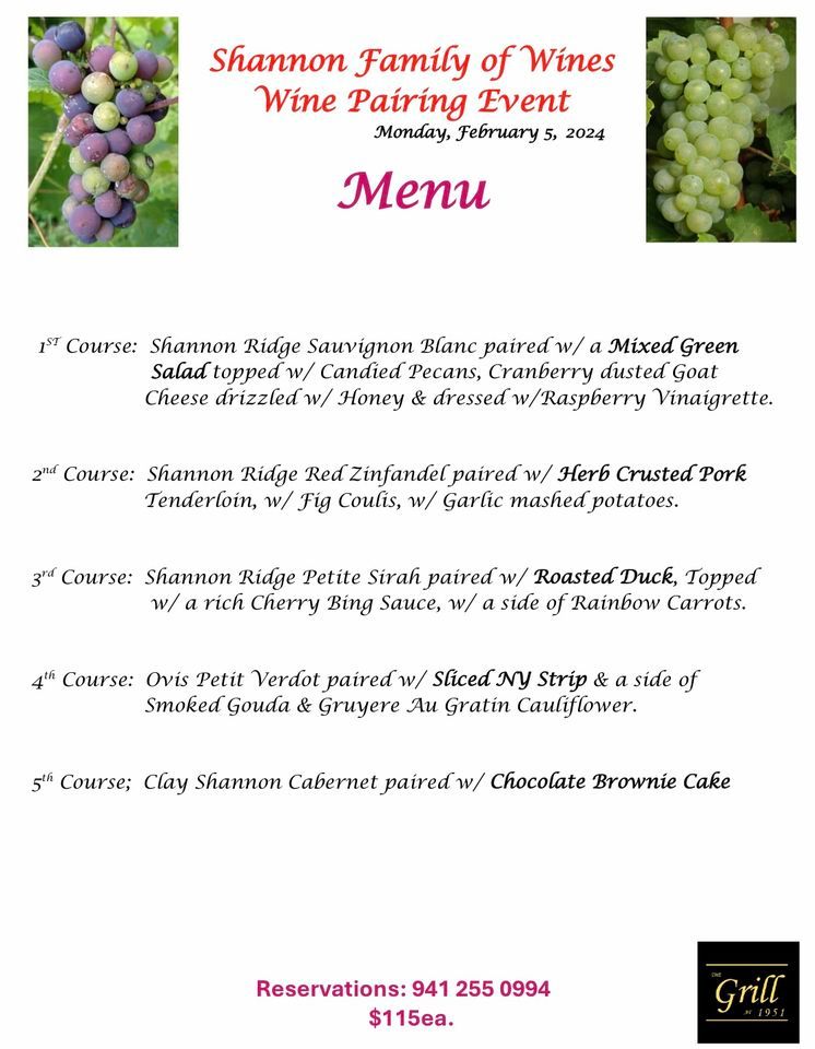 Shannon Family of Wines Wine Pairing Event, The Grill At 1951, Port ...