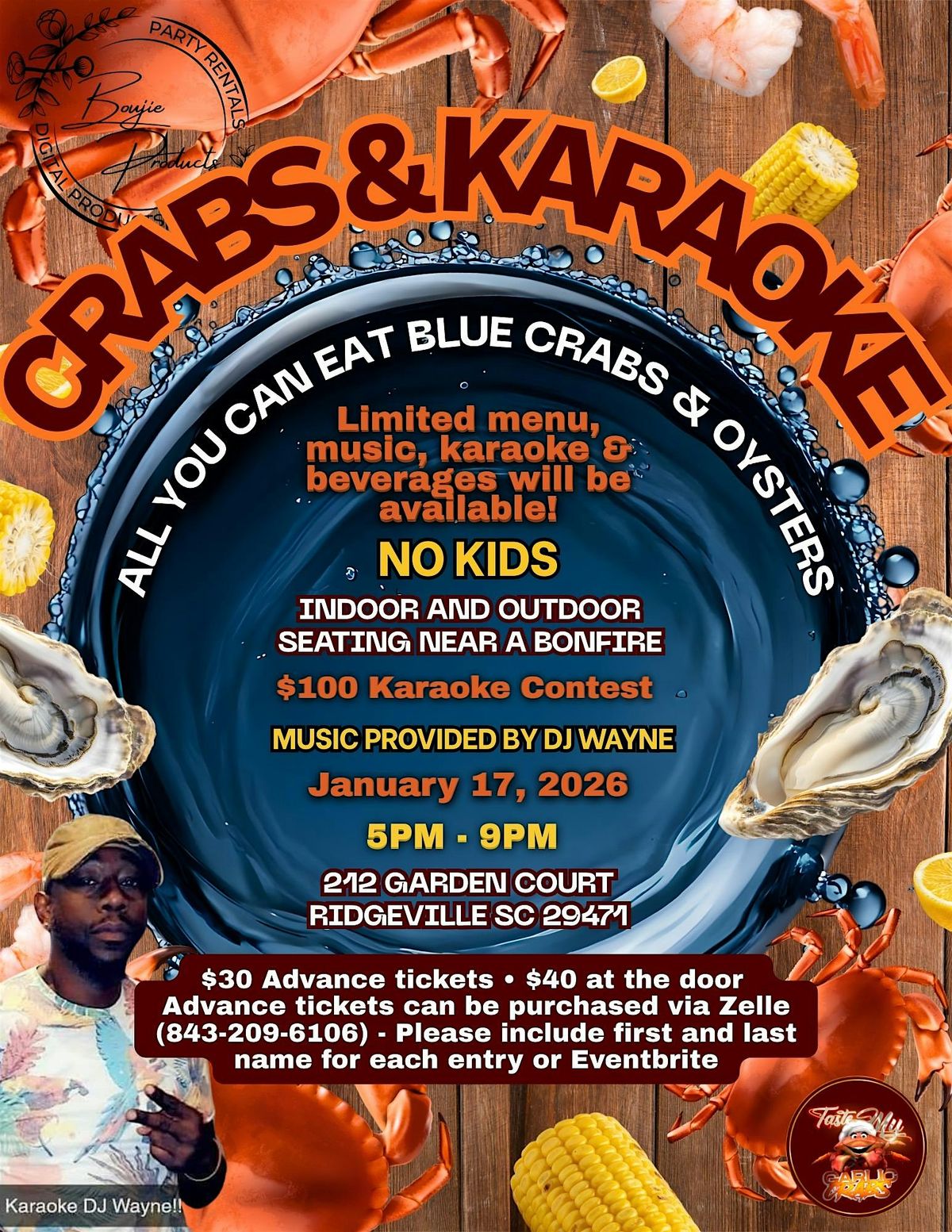 Crabs & Karaoke (Crab crack & Oyster Roast), 212 Garden Ct, Ridgeville ...
