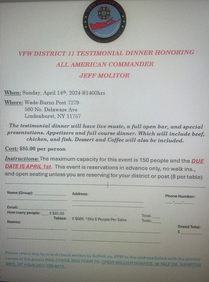 Testimonial Dinner Lindenhurst Vfw April 14 2024