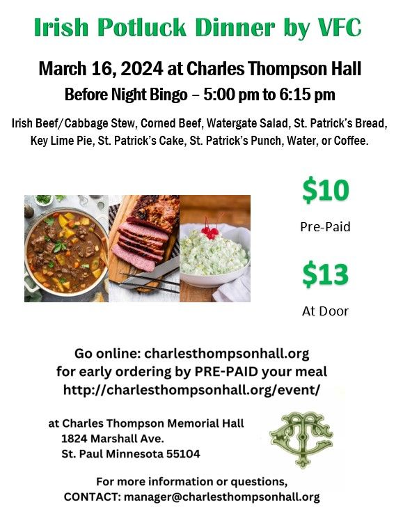 Irish Potluck Dinner by Vikings Fan Club, 1824 Marshall Ave. St ...