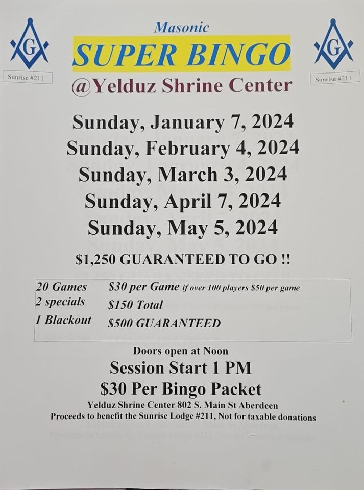 masonic bingo, Yelduz Shriners, Aberdeen, February 4 2024 | AllEvents.in