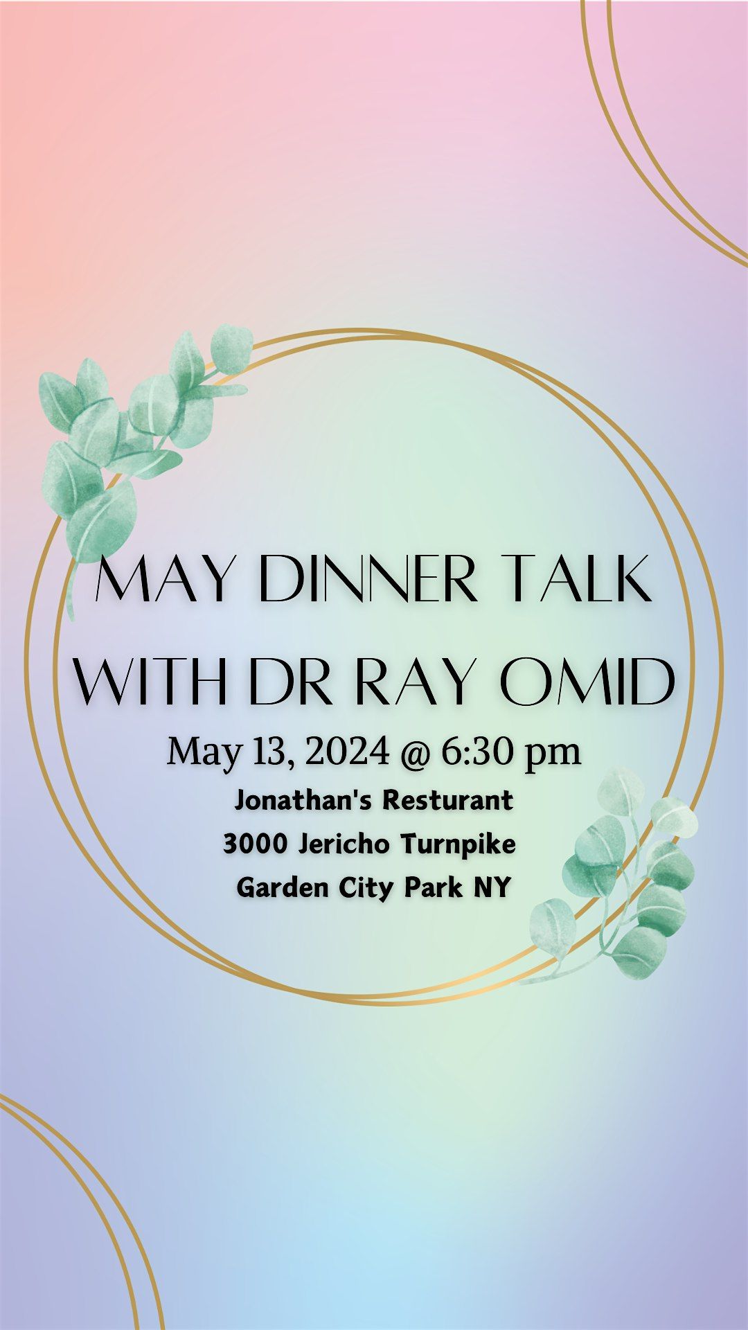 May Dinner Talk, Jonathan's Restaurant, Garden City Park, 13 May to 14 ...