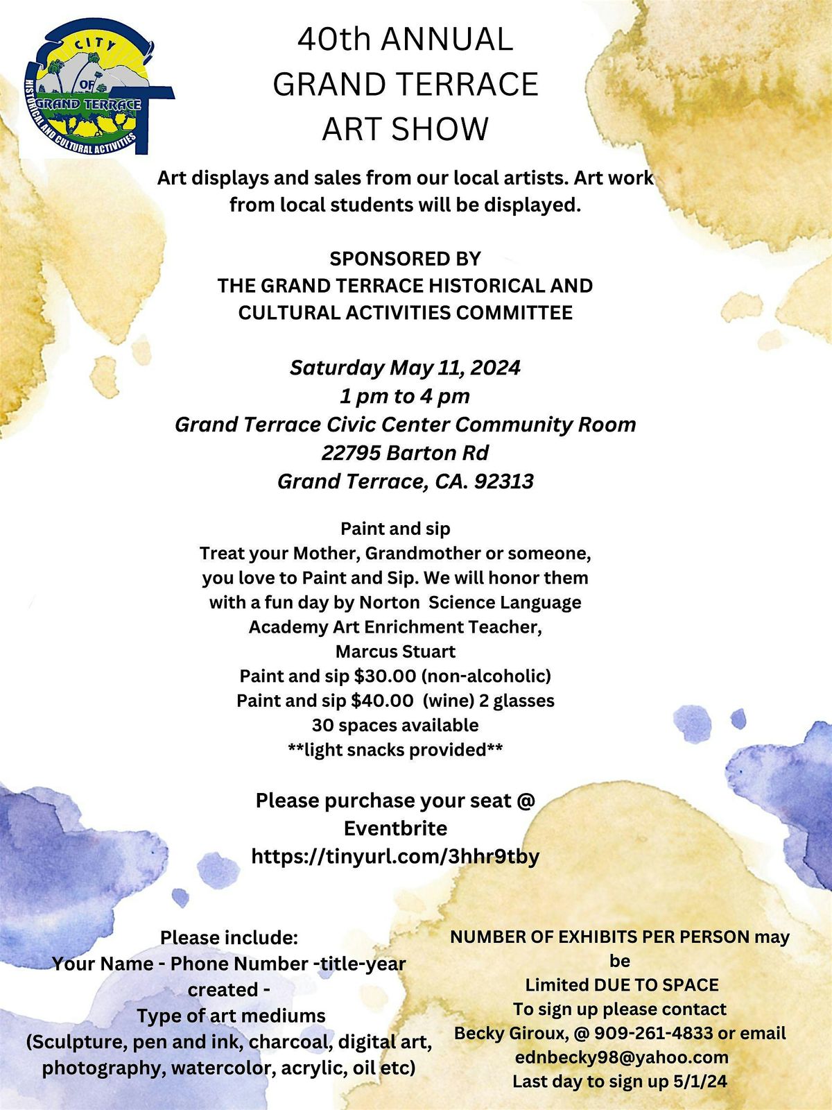 City of Grand Terrace 40th Annual Art Show and Paint and Sip, Grand ...
