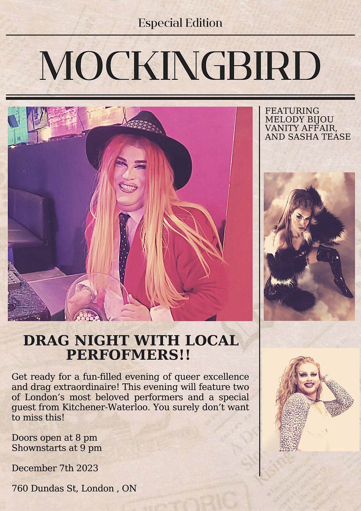 Drag at The Mockingbird, 760 Dundas St, London, 7 December to 8 ...