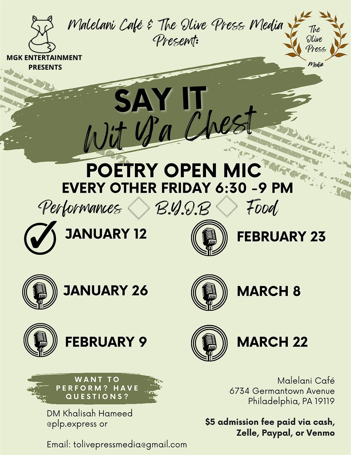 Say It Wit Ya Chest Open Mic, Malelani Cafe, Philadelphia, 19 April ...