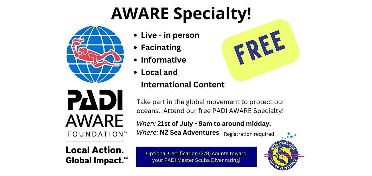 Free PADI AWARE Specialty, New Zealand Sea Adventures, Porirua, 21 July ...