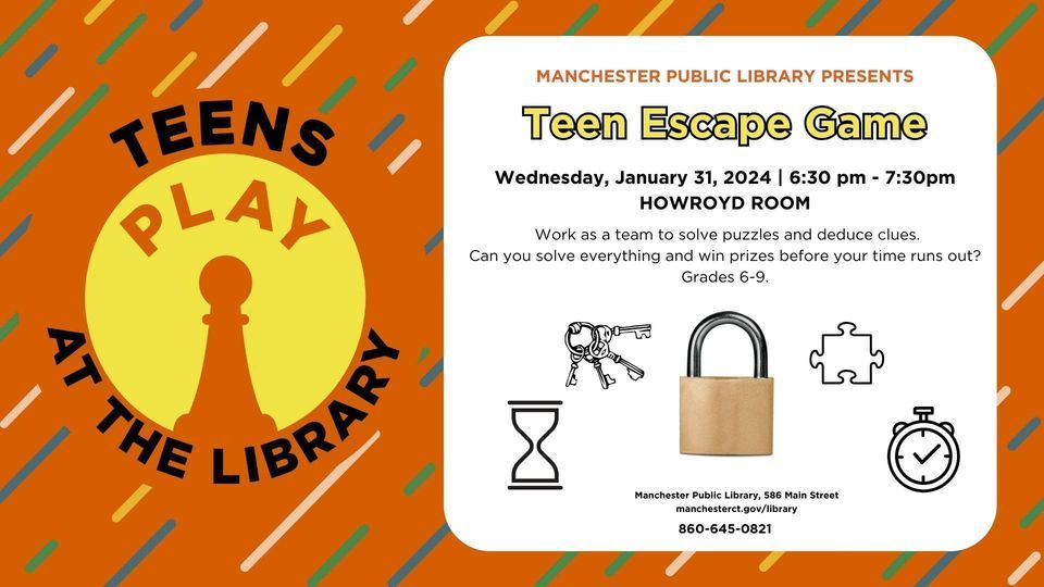 Teen Escape Game, Manchester Public Library, 31 January 2024 | AllEvents