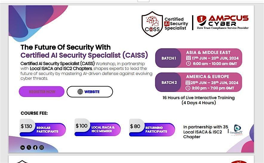 Certified AI Security Specialist (CAISS) Workshop, June 25 to June 28 ...