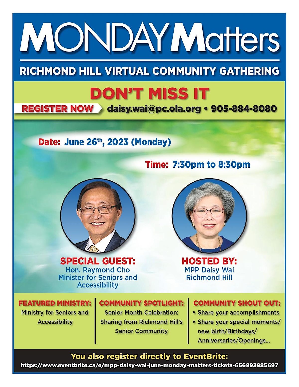 MPP Daisy Wai June Monday Matters, June 26 2023 | Online Event ...