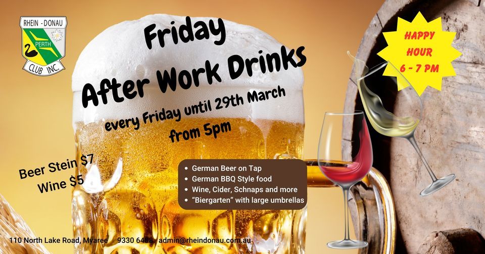 Friday After Work Drinks, Rhein-Donau Club, Perth, 8 March 2024 | AllEvents