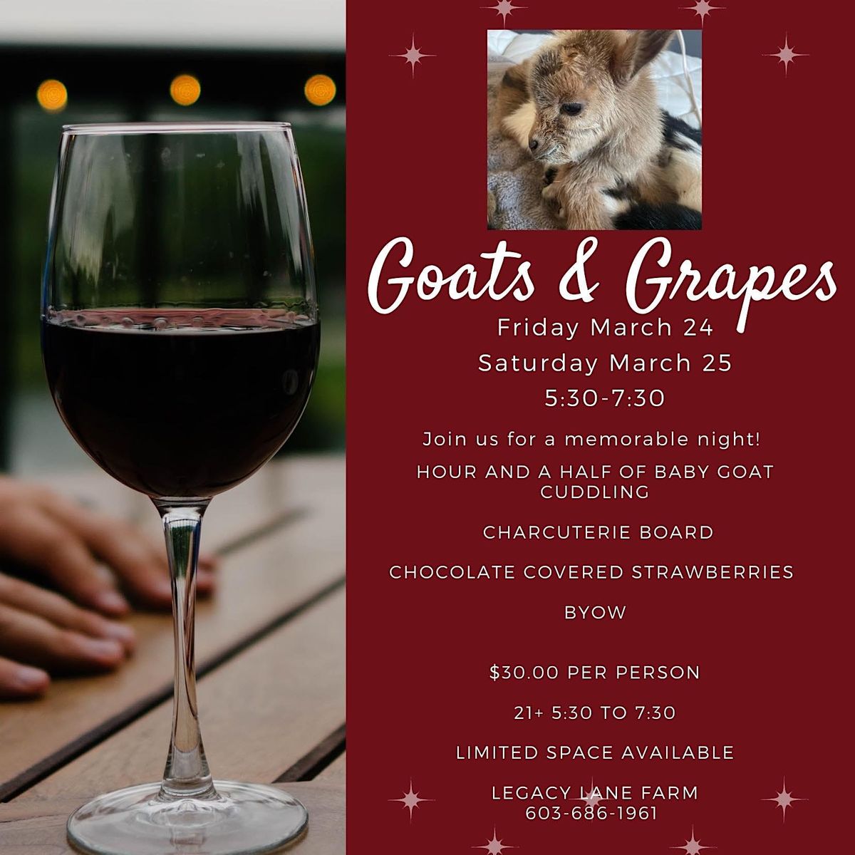 Goats And Grapes, After Hours On The Farm, LEGACY LANE FARM, Stratham ...