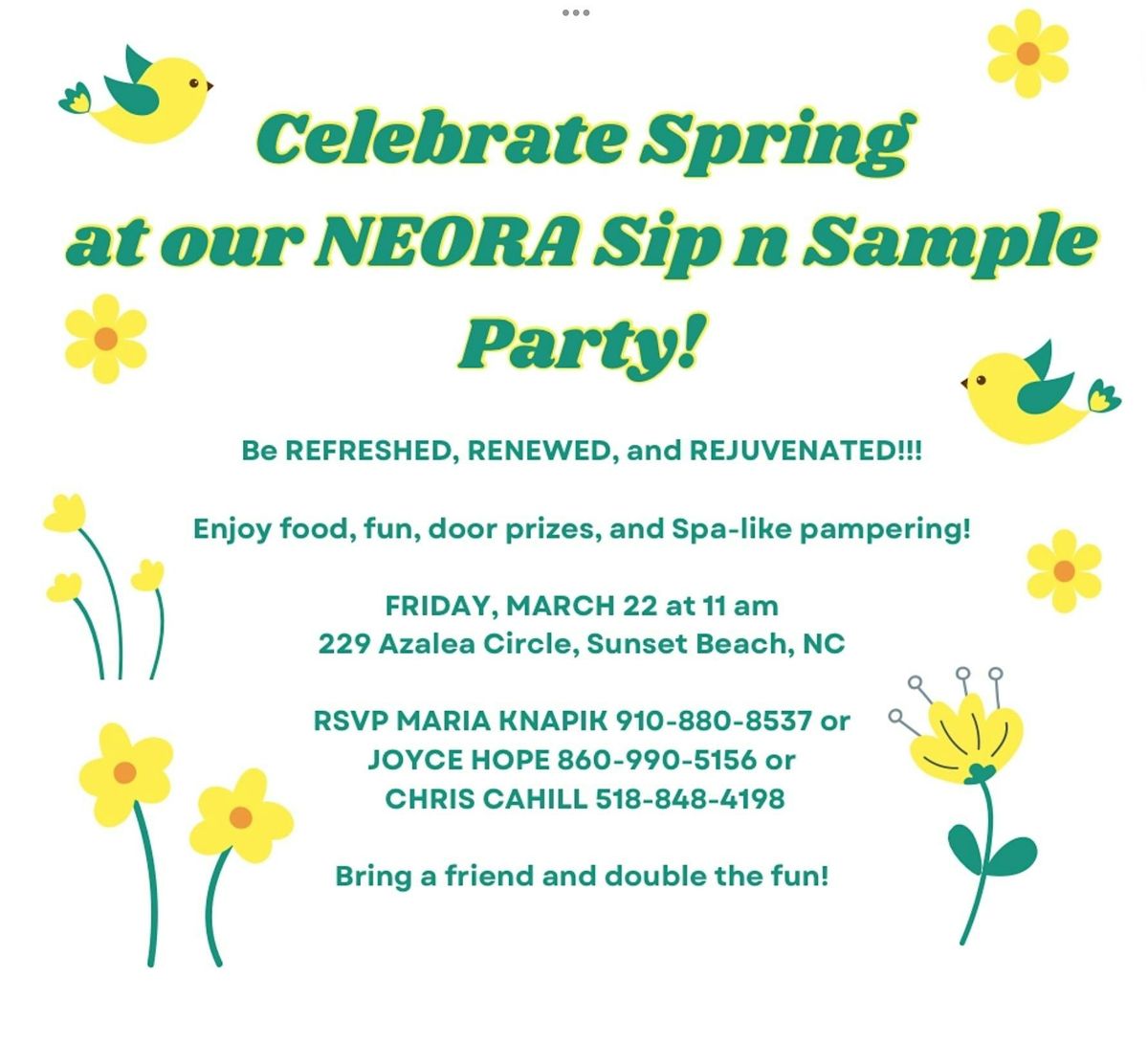 Sunset Beach Celebrate Spring Neora Sip & Sample Party, 229 Azalea ...