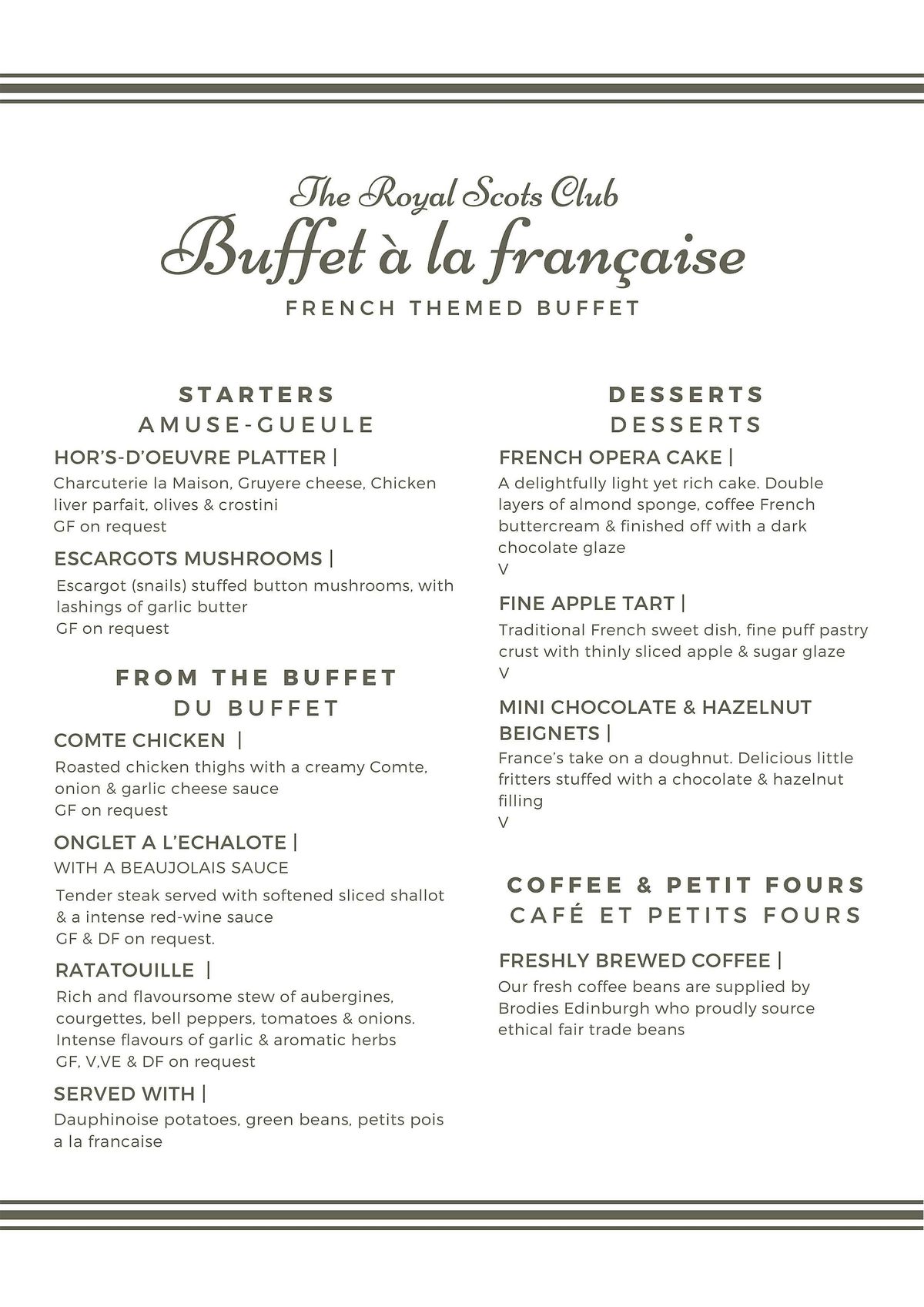 French Themed Buffet Supper, The Royal Scots Club Edinburgh, 25 April ...