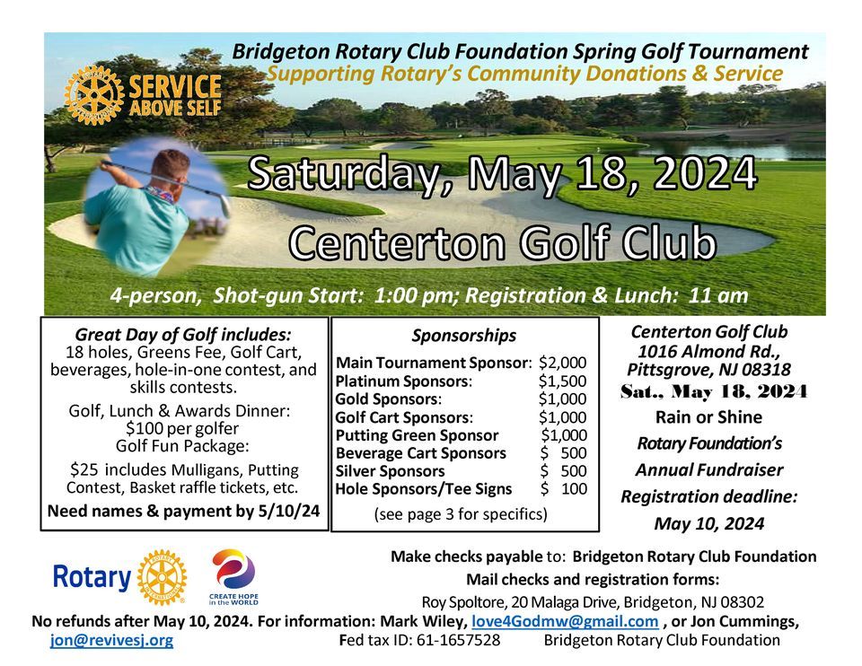 Bridgeton Rotary Club Foundation Golf Tournament, Centerton Golf Club ...
