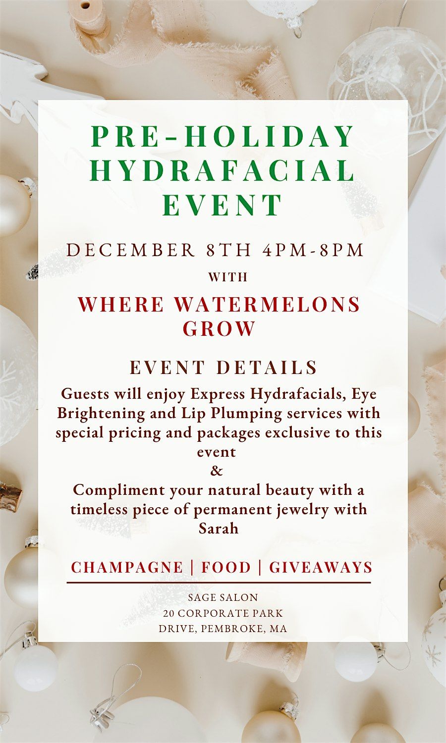 Pre-Holiday Hydrafacial Event, Sage Salon, Pembroke, 8 December 2023 ...