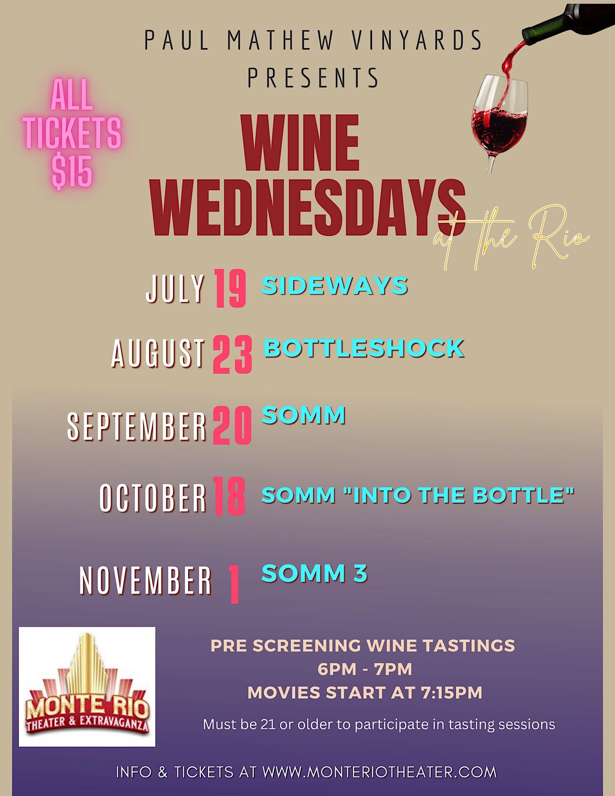 BOTTLESHOCK & Wine Tasting - Wine Wednesdays at the Rio!, Monte Rio ...