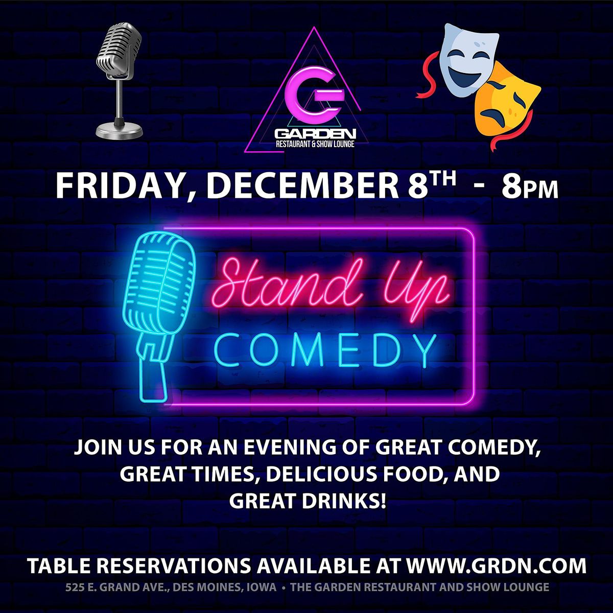 Comedy Showcase Table Reservation - 8pm only, THE GARDEN, Des Moines, 8 December 2023 | AllEvents
