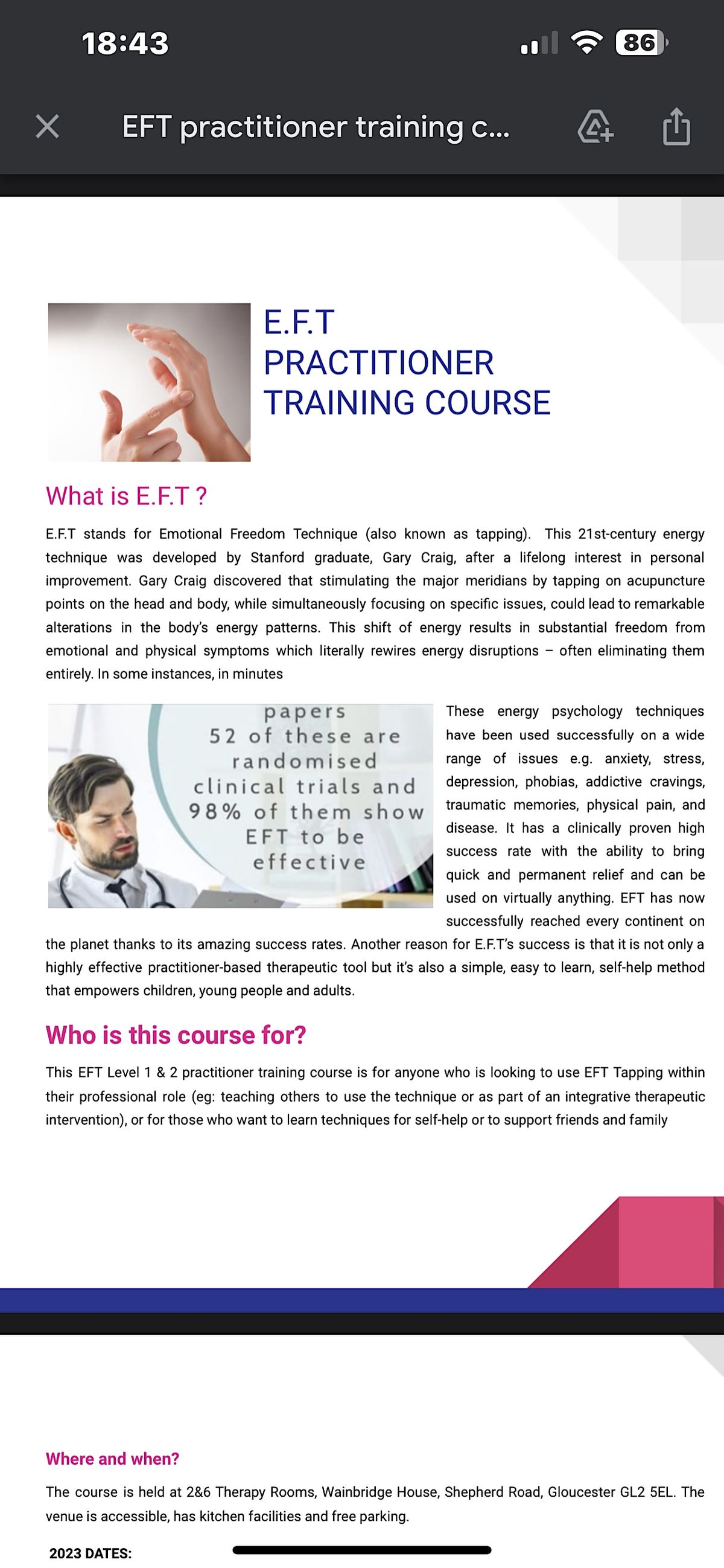 EFT Practitioner course, 2&6 Therapy Rooms, Gloucester, 23 September to ...