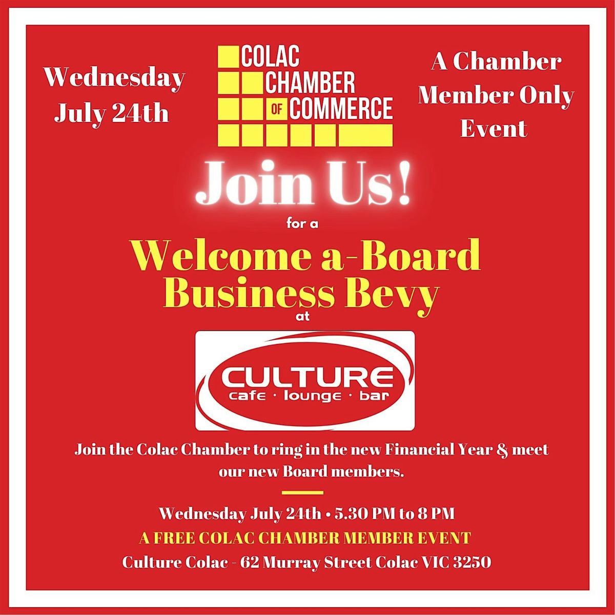 Welcome A-Board Business Bevy, Culture Colac, 24 July 2024 | AllEvents.in
