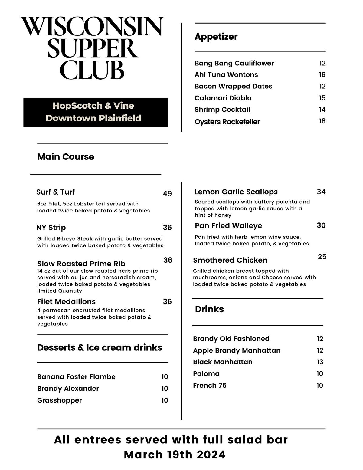 Wisconsin Supper Club Dinner Experience ~ Downtown Plainfield ...