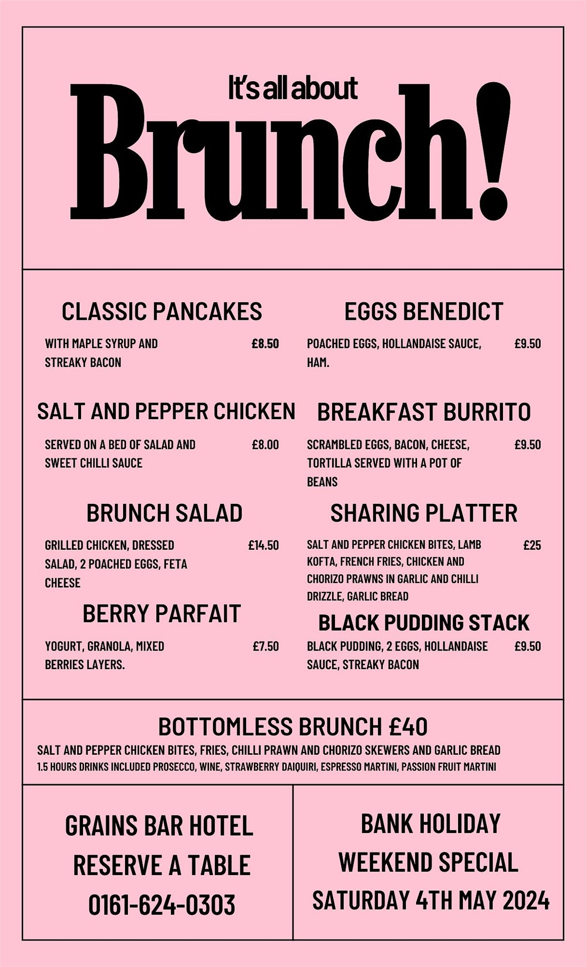 Bank Holiday Weekend Brunch, Why not go bottomless?, Grains Bar Hotel ...