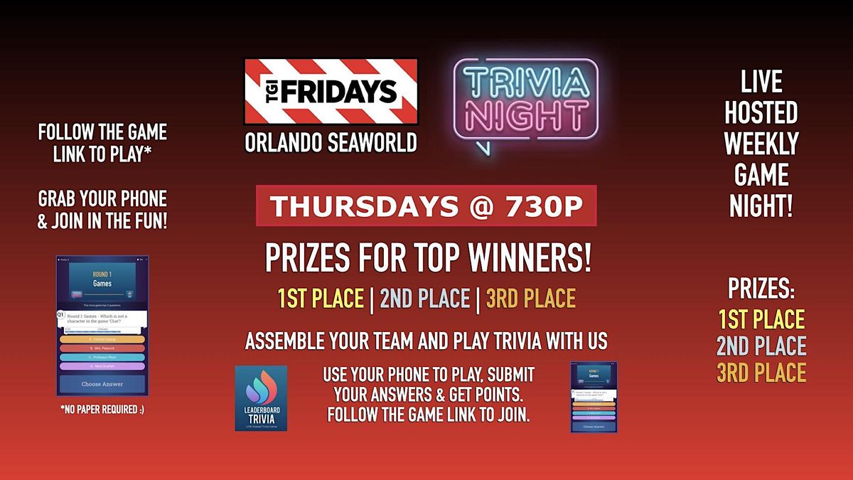 Trivia Game Night | TGI Fridays - Orlando Seaworld FL - THUR 730p, TGI ...
