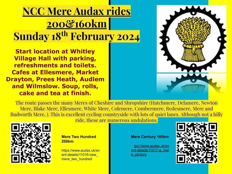 Mere 200km and 160km audax event, Lower Whitley, Northwich, 18 February ...