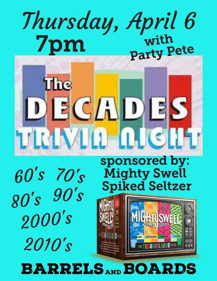 The Decades Trivia Night sponsored by Mighty Swell, Barrels and Boards ...