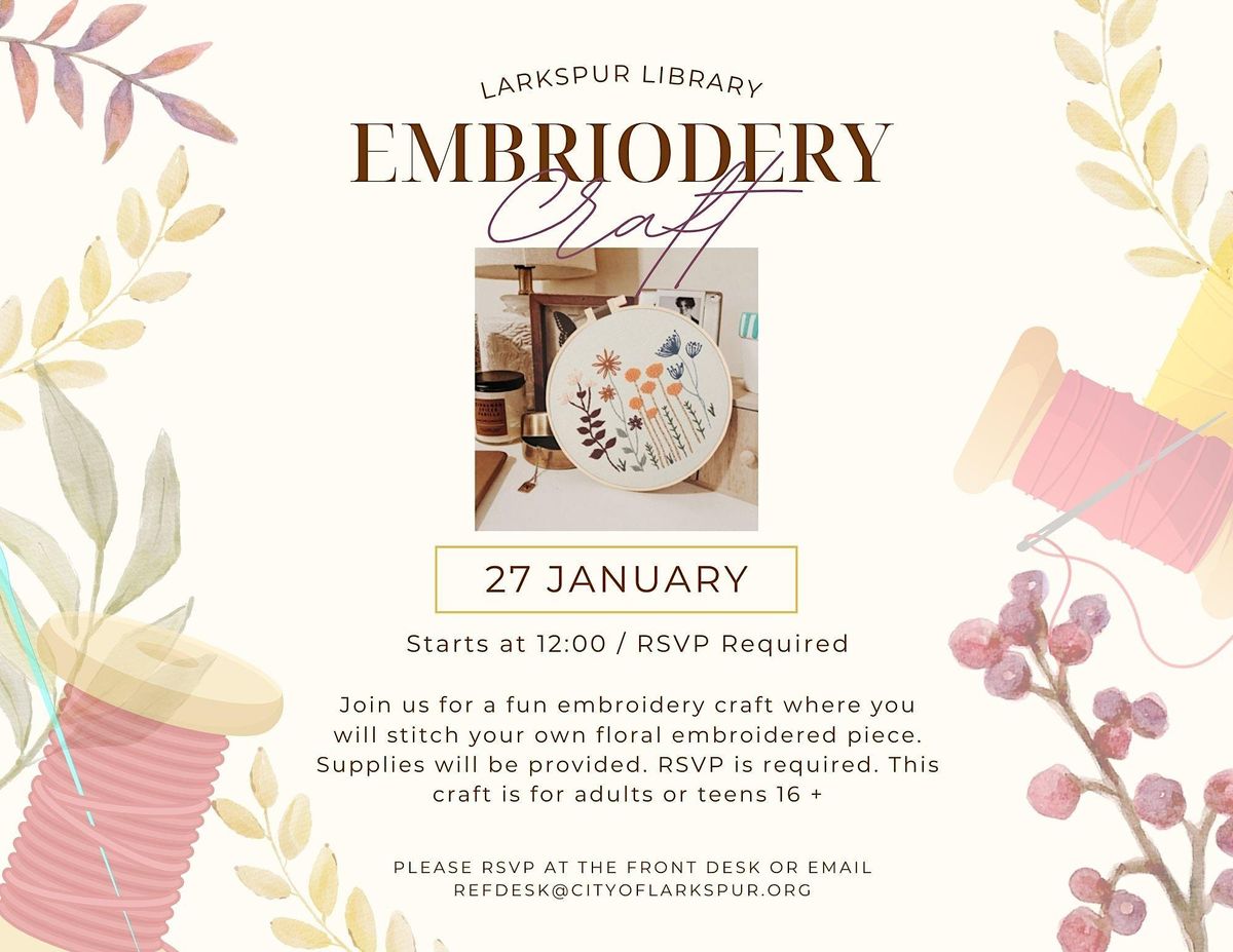 Embriodery Craft, Larkspur Library, 27 January 2024 | AllEvents.in