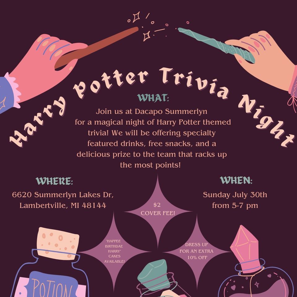 Harry Potter Triva Night , DaCapo Summerlyn, Lambertville, July 30 2023 ...