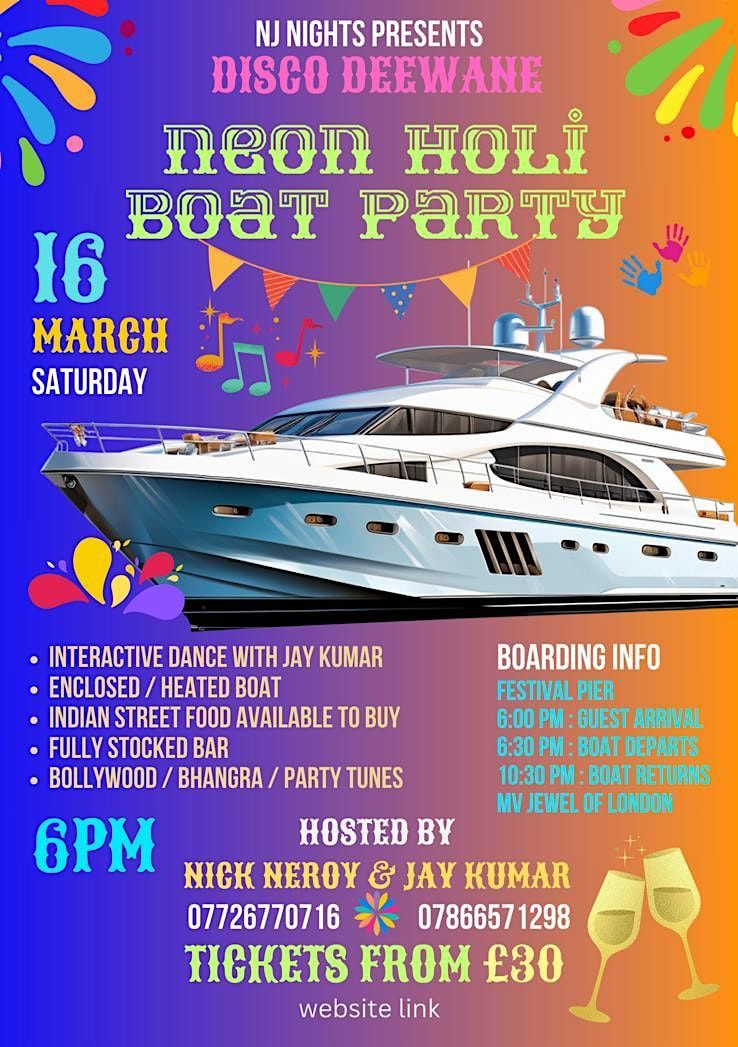 NEON HOLI BOLLYWOOD BOAT PARTY, Festival Pier, London, 16 March 2024 | AllEvents.in