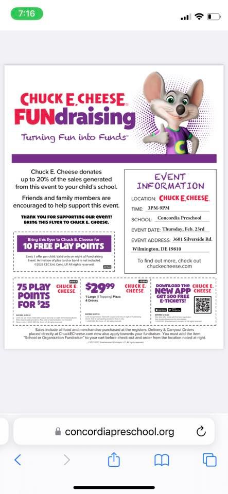 Chuck E. Cheese Fundraiser, Chuck E. Cheese (3601 Silverside Rd ... Chuck E. Cheese Fundraiser, Chuck E. Cheese (3601 Silverside Rd ...