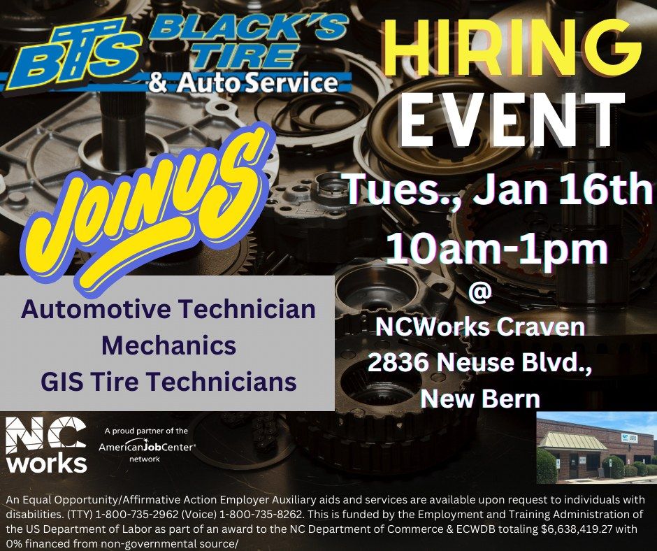 Blacks Tire & Auto Service Hiring Event, NCWorks Craven, New Bern ...