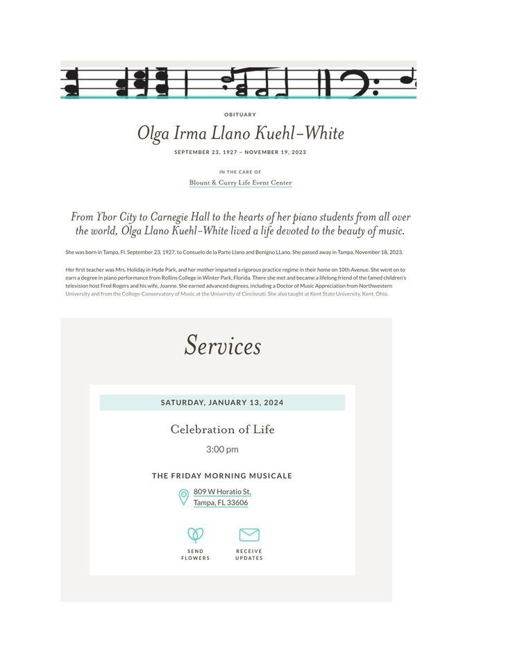 Celebration of Life for Olga Kuehl-White, Friday Morning Musicale ...